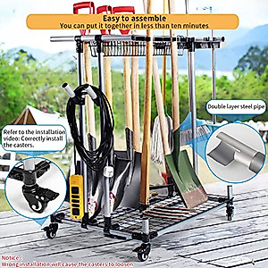 QTJH Mobile garden tool organizer metal Garage Storage Holder storage large long lawn tools heavy duty tool rack sturdy yard cart