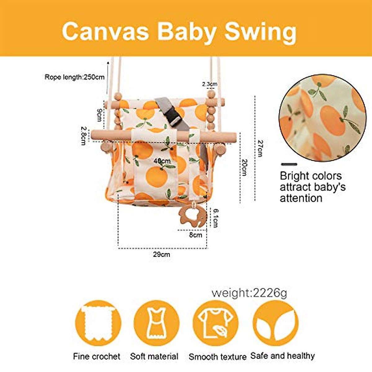 Canvas Baby Swing Seat Chair Indoor Outdoor Hanging Swing Seat for Baby with Soft Cushion/Safety Belt/Mounting Hardware,Orange
