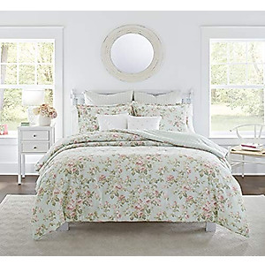 Laura Ashley Home - Queen Comforter Set, Reversible Cotton Bedding, Includes Matching Shams with Bonus Euro Shams & Throw Pillows (Madelynn Pastel Blue, Queen)