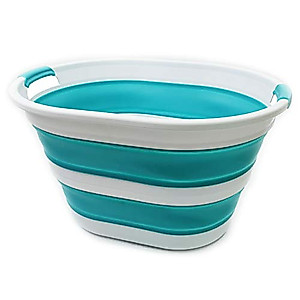 SAMMART 34L(8.98 gallon) Collapsible Plastic Laundry Basket-Oval Tub/Basket-Foldable Storage Container/Organizer-Portable Washing Tub-Space Saving,Water capacity 29L (7.66 gallon) (1, Bright Blue)