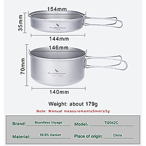 iBasingo Titanium Cookware Camping 1000ml Pot 500ml Pan Set with Folding Handle Outdoor Cooking Bowls Ultralight Picnic Hiking Backpacking Tableware for 1 Person Ti2042C