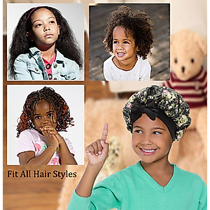 3 Pieces Kids Satin Bonnet Silky Sleep Cap Wide Elastic Band Hair Bonnet for Girls Toddler Child Flowerblackpb