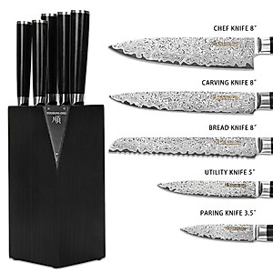 YOUSUNLONG Kitchen Knife Set - 5 Piece Knife Set With Natural Fraxinus Americana Wood Knife Holder - Ultra Sharp High Carbon Japanese Damascus Steel Blade - Natural Ebony Handle