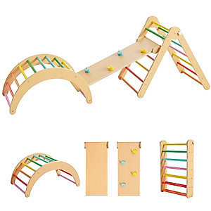 Beright 4 in 1 Pikler Triangle Gym, Montessori Foldable Climber with Ramp, Indoor Climbing Toys for Kids, Climbing Triangle for Toddlers Arch Climber, Rocker, Learning Waldorf Children Toy, Rainbow