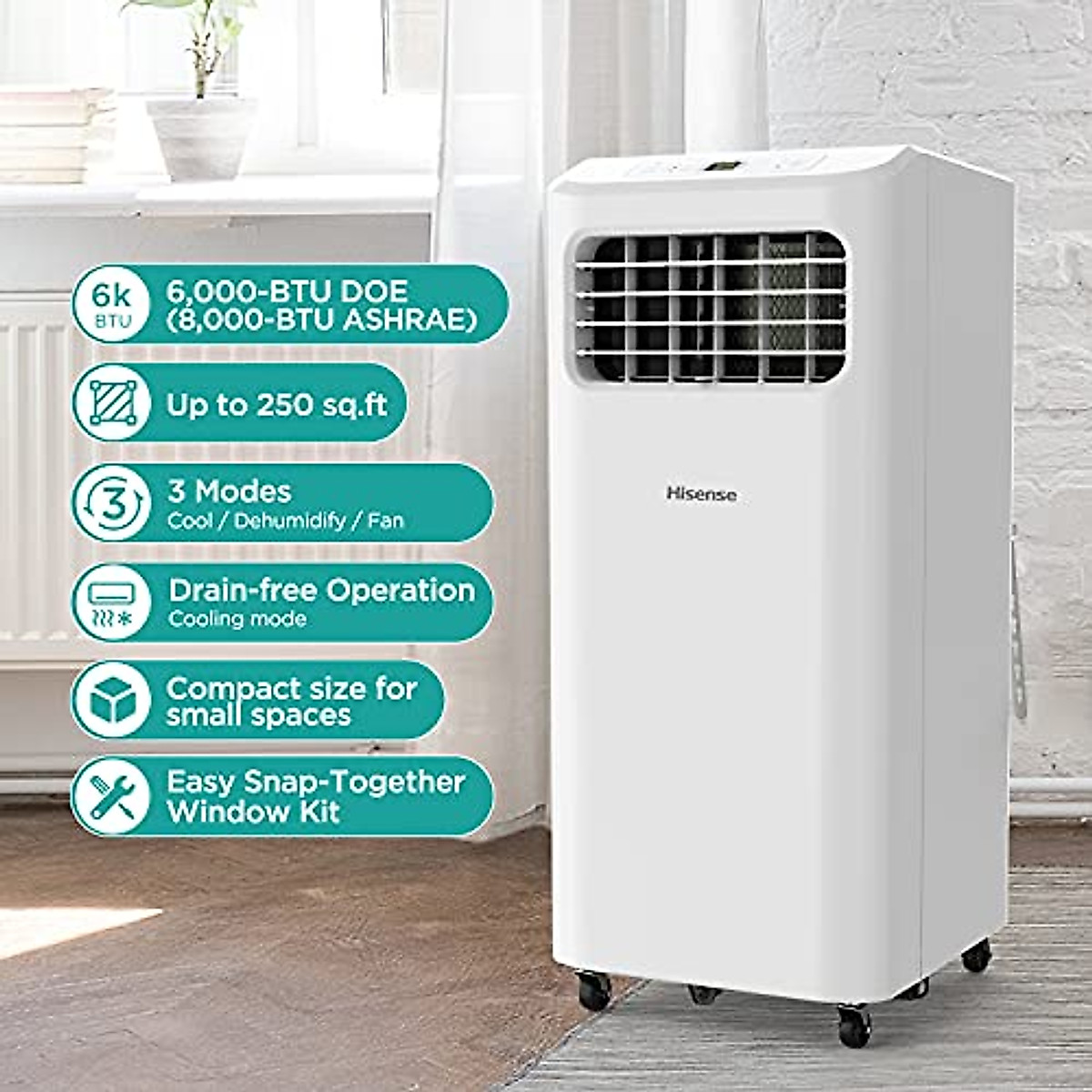 Hisense Portable Air Conditioner 6,000 BTU Cooling Dehumidifier Fan for Smaller Room up to 250 sq ft, Remote Control, White