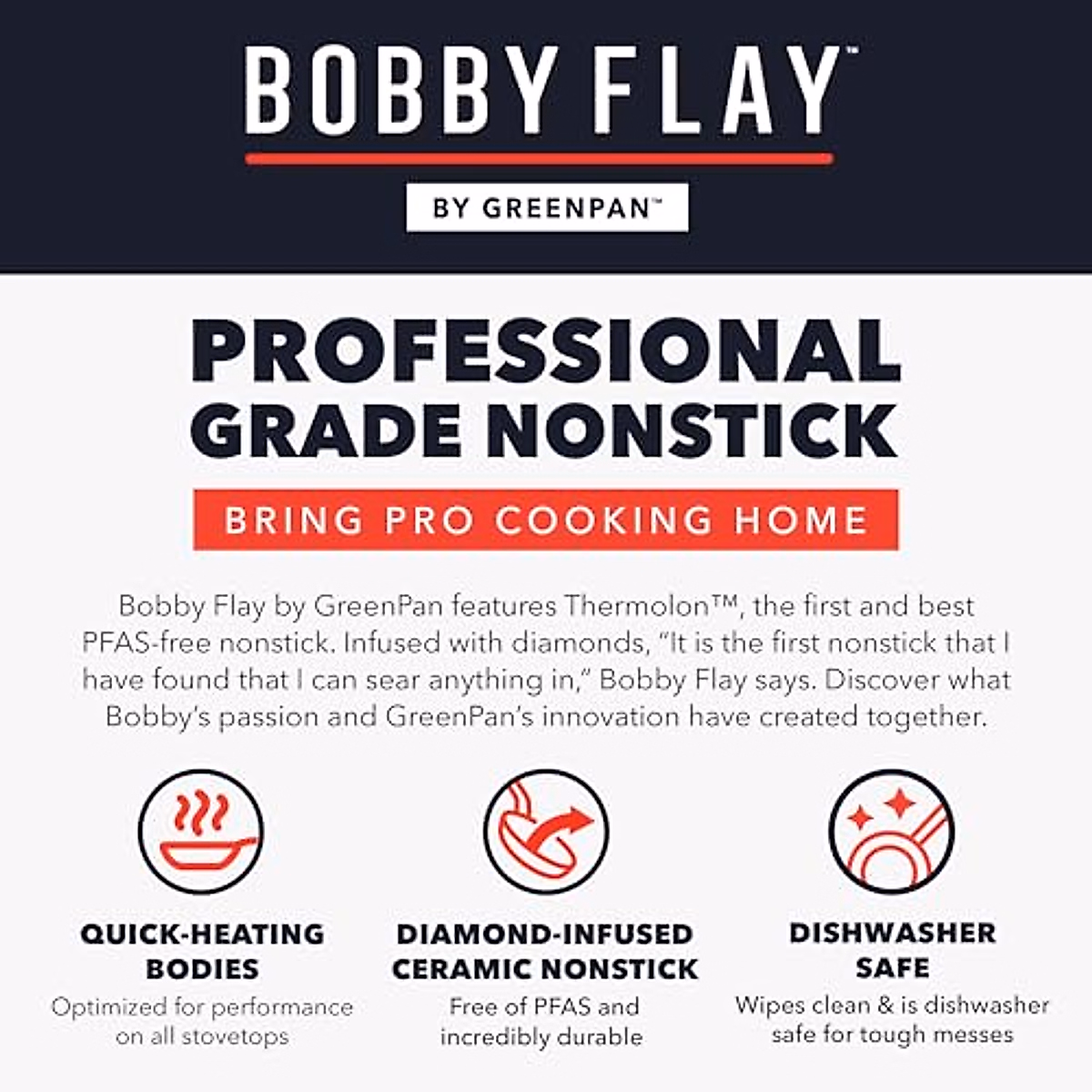 GreenPan x Bobby Flay 8” Frying Pan Skillet, Professional Grade Aluminum, PFAS & PFOA-Free Ceramic Nonstick, Induction Suitable, Stainless Steel Silicone Grip Handle, Dishwasher & Oven Safe, Cream