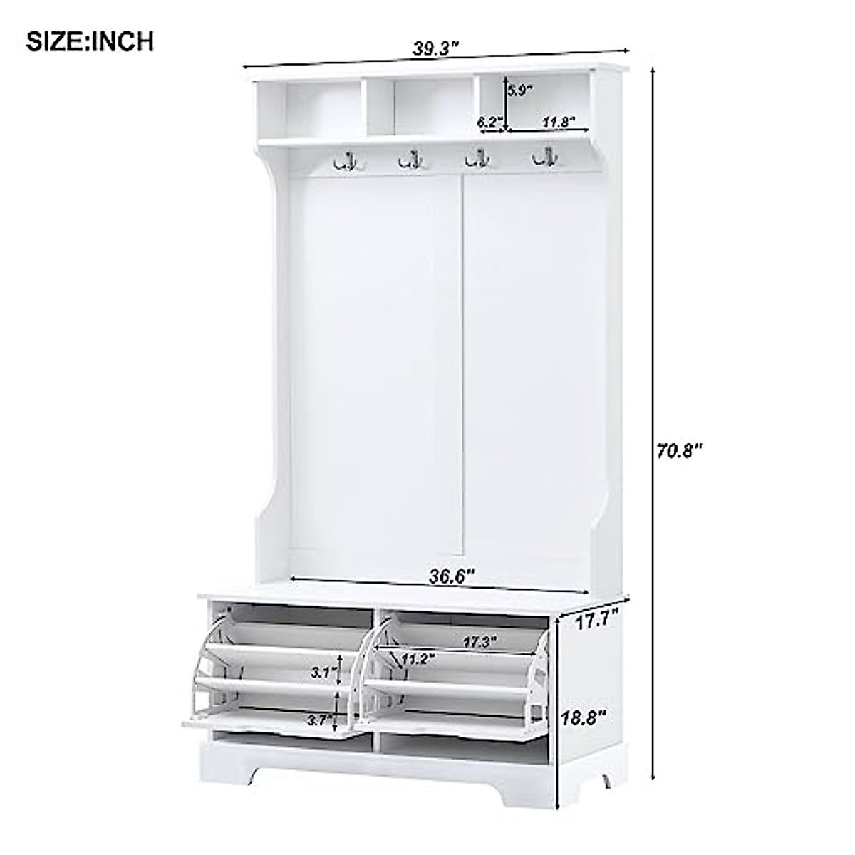 CuisinSmart All in One Hall Tree with 3 Top Shelves and 2 Flip Shoe Storage Drawers, Entryway Coat Garment Rack Storage, Hall Tree with Bench and Shoe Storage, White