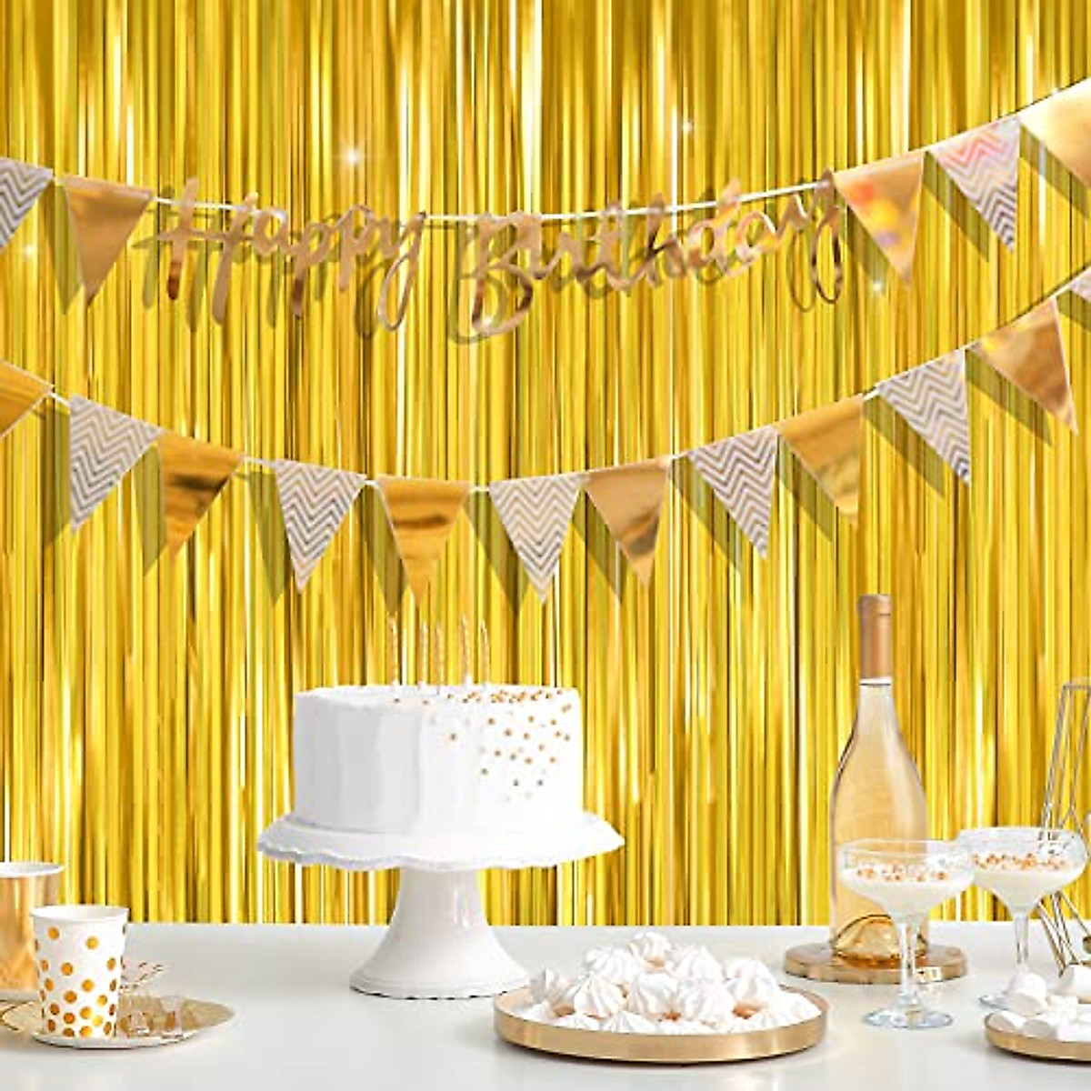 FANNEV 3pcs 3.3 * 8.2ft Gold Tinsel Foil Fringe Curtains Streamers for Birthday Graduation Wedding Engagement Bridal Shower Bachelorette Holiday Gold Party Decorations, Christmas Photo Back Drop