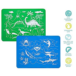 Brinware Reusable Slip Resistant Toddler Silicone Placemat for Kids - Dinosaur & Shark Green/Blue (2 Pack)