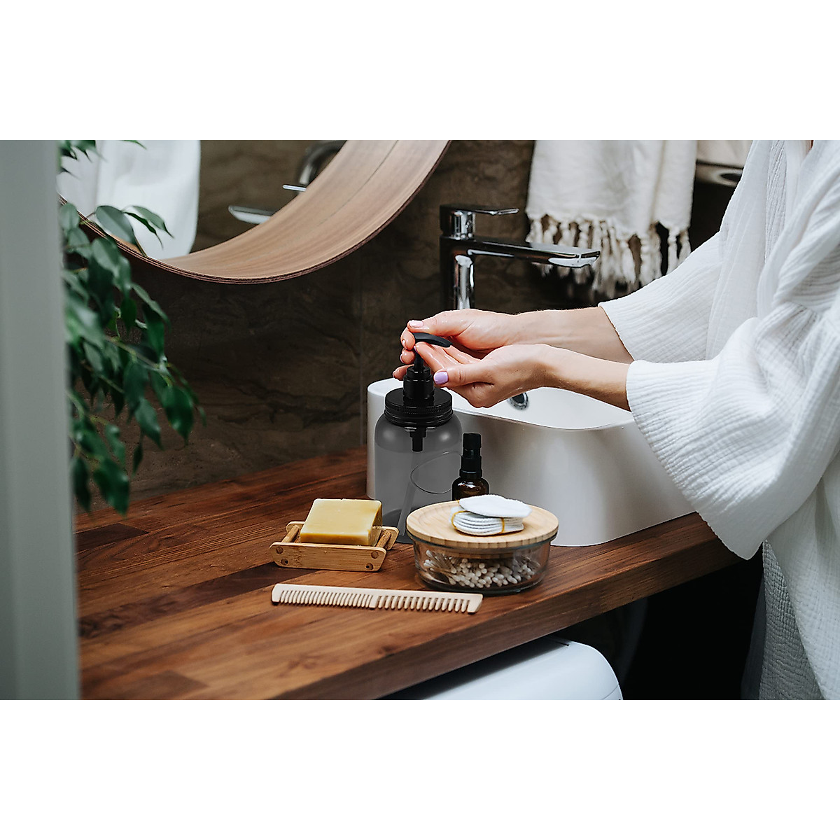 Bottiful Home-24 oz Plastic Refillable Wide-Mouth Jar Style Pump Bottle Dispenser Set of 4 for Shampoo, Conditioner, Wash, Soap, Lotion, Dish Soap, Sanitizer, Detergent (Gray)