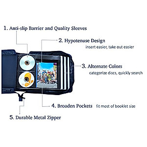DVD CD Storage Case with Extra Wide Title Cover Pages for Blu Ray Movie Music Audio Media Disk (Portable Carrying Binder Holder Wallet Album Home Organizer)- Blue, 192 Disk Units, 96 Booklet Pockets