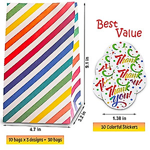 30 Pack Rainbow Party Favor Bags, Goodie Bags for Kids with Stickers, Vivid Stripes Chevron Paper Treat Bags, Food Safe, Biodegradable for Party Supplies, School Lunches, Baby Shower, Birthday Parties (3 Designs)