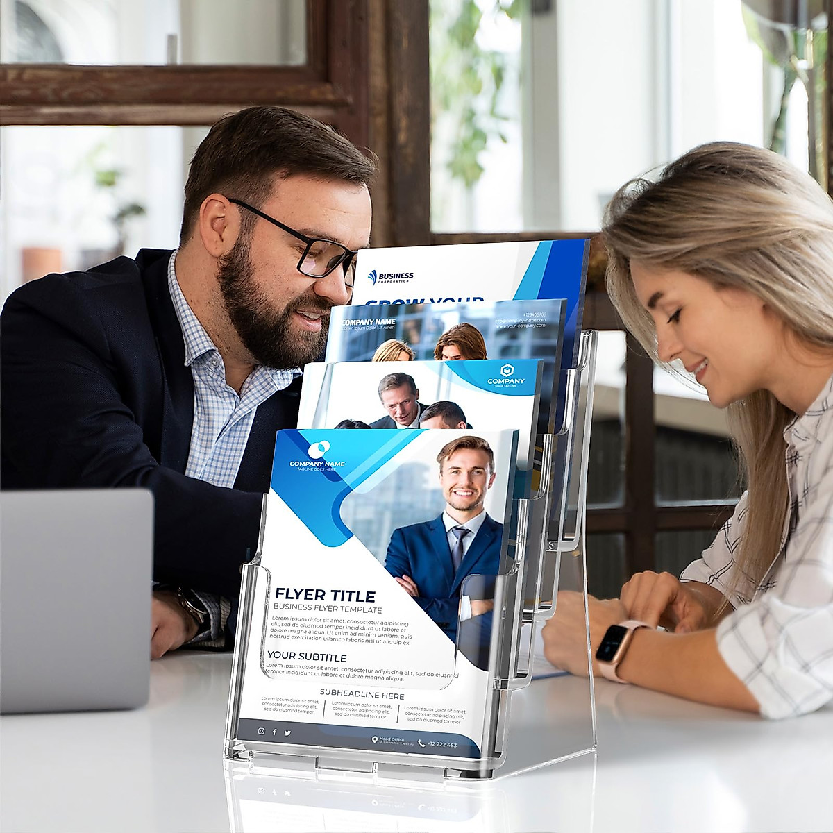 MaxGear Acrylic Brochure Holder 8.5 x 11 inch, Clear Literature Organizer Magazine Stand with Removable Divider for 4 x 9 inch Brochures, 4 Tier Pamphlet Display for Wall Mount or Countertop