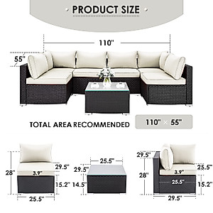 LAUSAINT HOME 7-Piece Patio Furniture Set, PE Rattan Outdoor Patio Furniture All Weather Outdoor Sectional Conversation Sets with 6 Chairs and 1 Tempered Glass Table for Garden (Beige)