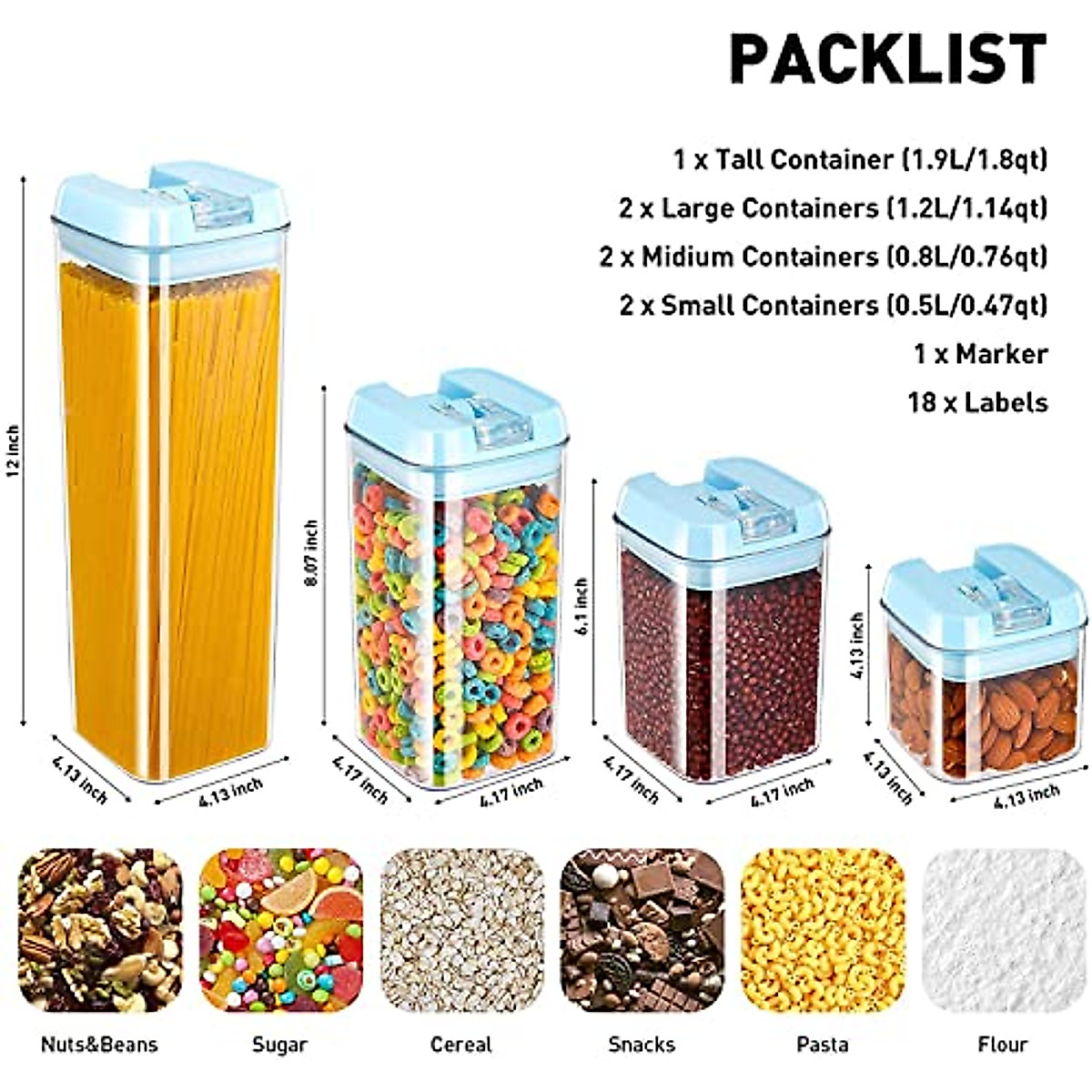 Airtight Food Storage Containers for Kitchen & Pantry Organization and Storage (7 Pack) - BPA Free Plastic Food Containers with Lock Lids - Sugar, Flour, Pasta & Cereal Canister with Labels & Marker