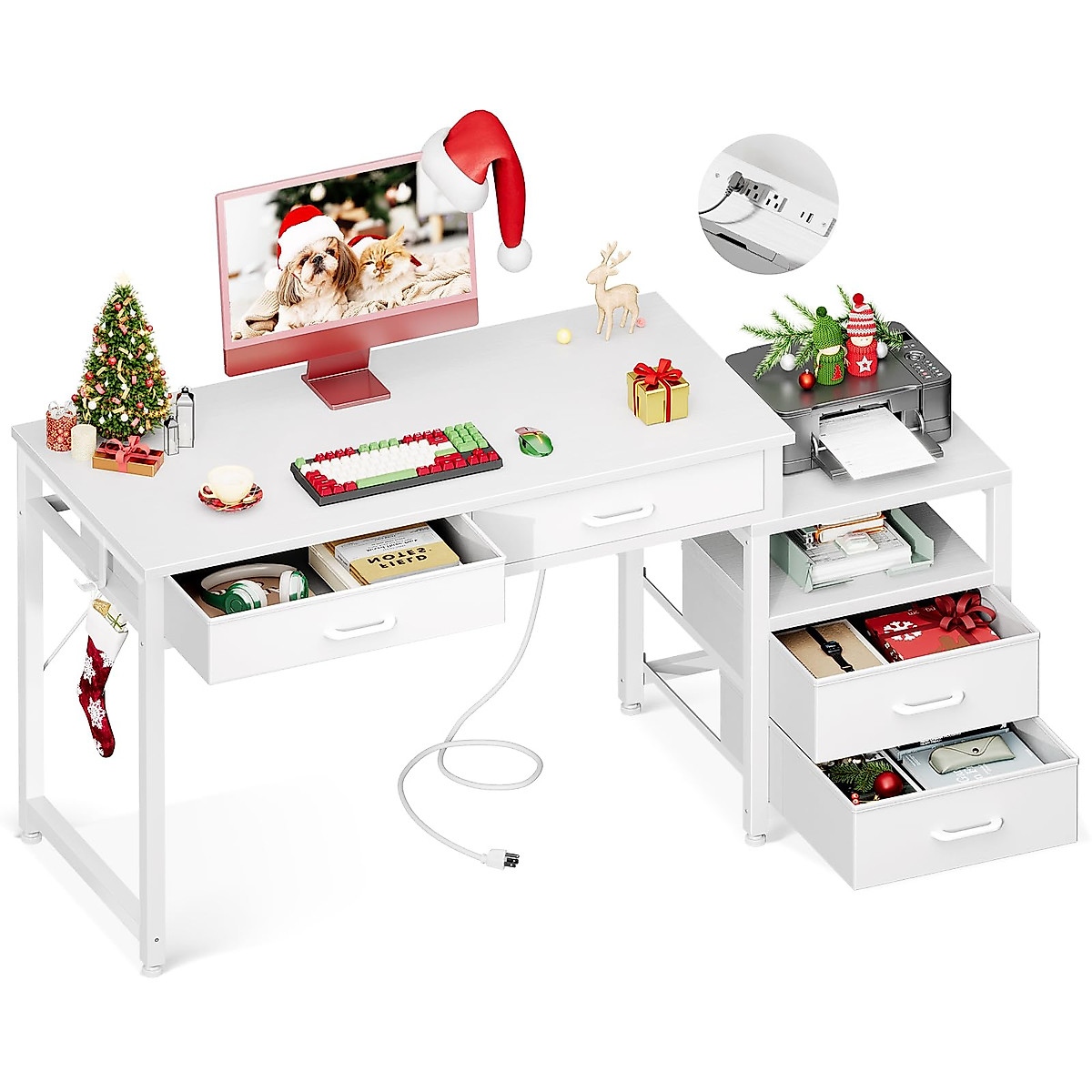 AODK Computer Desk with 4 Drawers and USB Power Outlets, Reversible Home Office Desk with Printer Stand, Small Desk with Storage Shelf, Study Writing Work Table for Bedroom, Vanity Desk, White, 53"