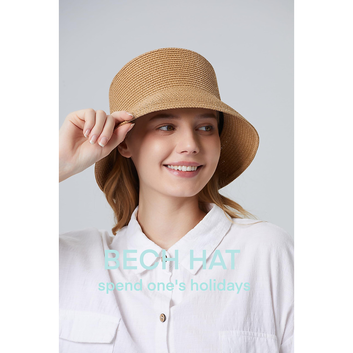 Lightbird Women's Straw Bucket Hat Beach Hat Foldable Summer Travel Sun Caps Outdoor Fisherman Hat Brown