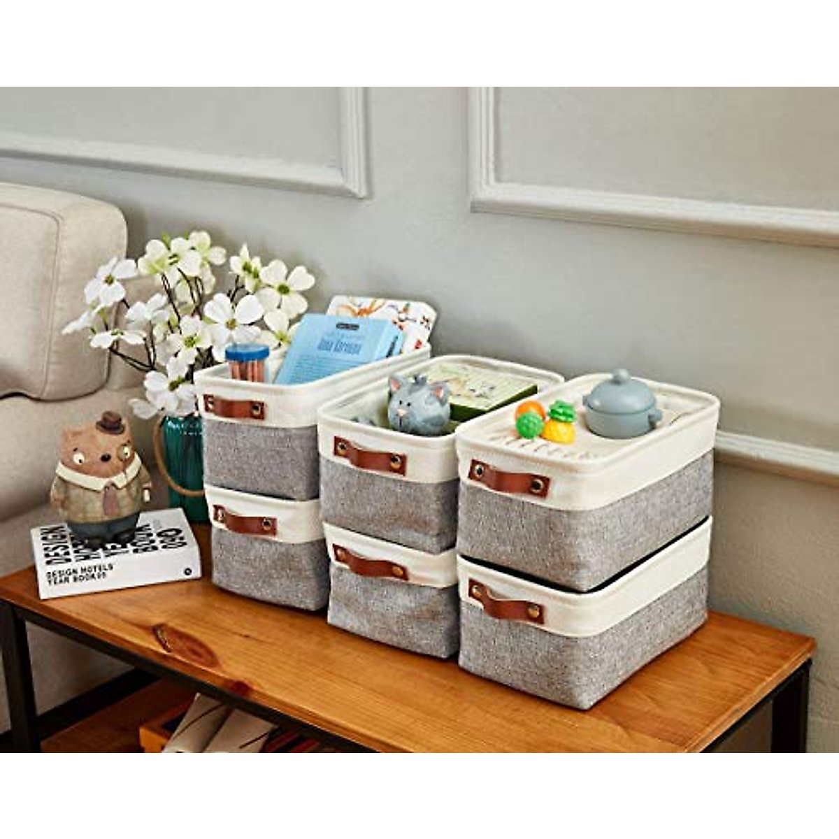 DECOMOMO Foldable Storage Bin (LARGE-Grey and White 15 x 11 x 9.5" - 3 Pack and Small 11.8 x 8 x 6-6 Pack) Collapsible Sturdy Cationic Fabric Storage Basket Cube W/Handles for Organizing Shelf Nurse