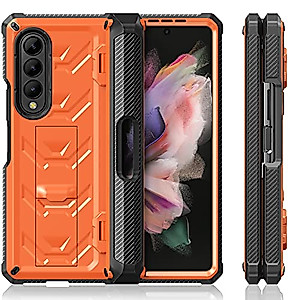 FONREST Rugged Case Armor for Samsung-Galaxy-Z-Fold-3 w/Built-in [Kickstand] [S Pen Holder] [Screen Protector] [Hinge Protection], Heavy Duty Shockproof Protective Cover NOT FIT Z Fold4/2 (Orange)
