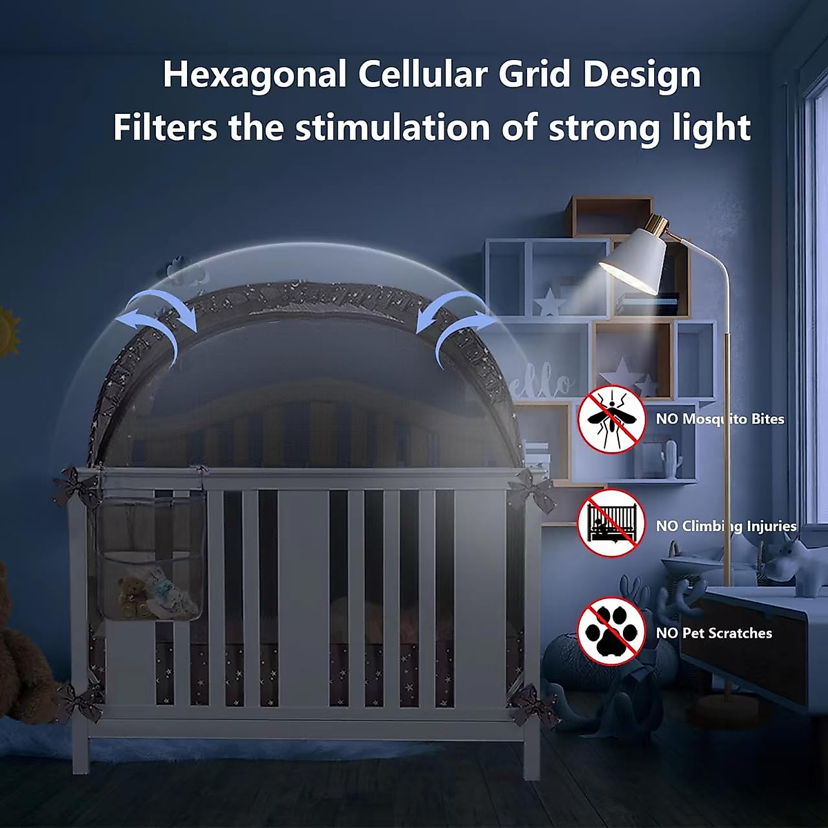 ZXPLO Baby Safety Crib Tent Infant Pop up Mosquito Net Nursery Bed Canopy Netting Cover - Keep Baby from Climbing Out with Hanging Diaper Storage Bag (Dark Gray)