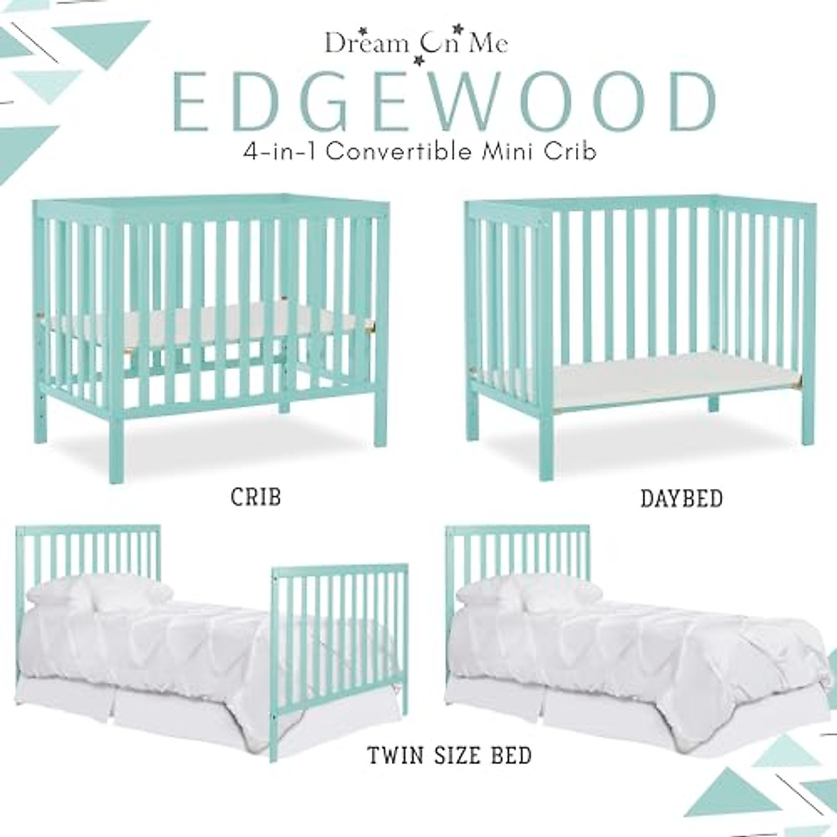 Dream On Me Edgewood 4-In-1 Convertible Mini Crib In Mint, JPMA Certified, Non-Toxic Finish, New Zealand Pinewood, With 3 Mattress Height Settings, Included 1" Mattress Pad