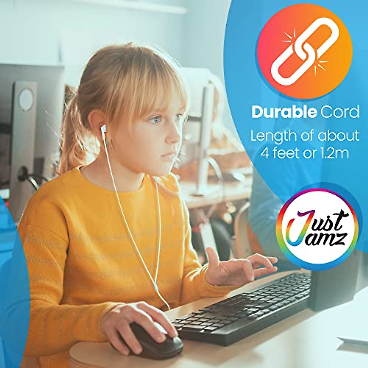 JustJamz Earbuds 500 Pack | Best Bulk Earbuds, Pearl White in Ear Buds, Disposable Earphones, Classroom Headphones Set, Wired Earphones Perfect for Kids, Laptop, Chromebook, Phones | School Ear Buds