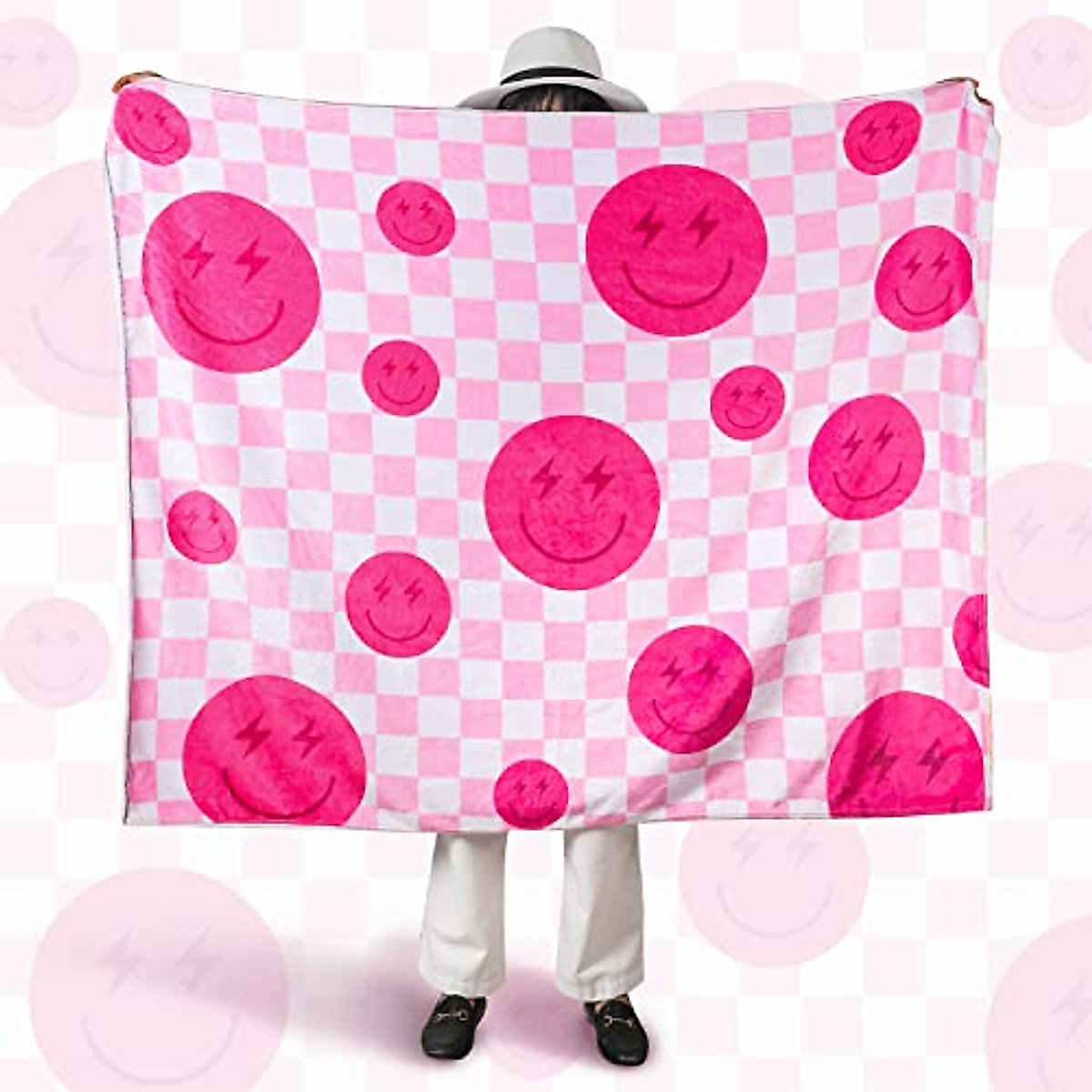 Hot Pink Preppy Throw Blanket Cute Flannel Soft Blanket Plush Cozy Fuzzy Blanket Preppy Bedding Stuff Preppy Room Decor for Dormitory Living Room 50 x 60 (Checkered Smile Face)
