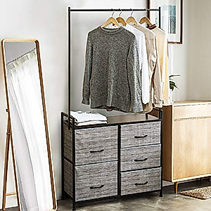 Tangkula Fabric Drawer Dresser w/Clothes Rack, Storage Organizer with Metal Frame and Wooden Top, Closet Organizers and 5 Storage Drawers for Clothes, Toys, for Hallway, Bedroom (Gray)