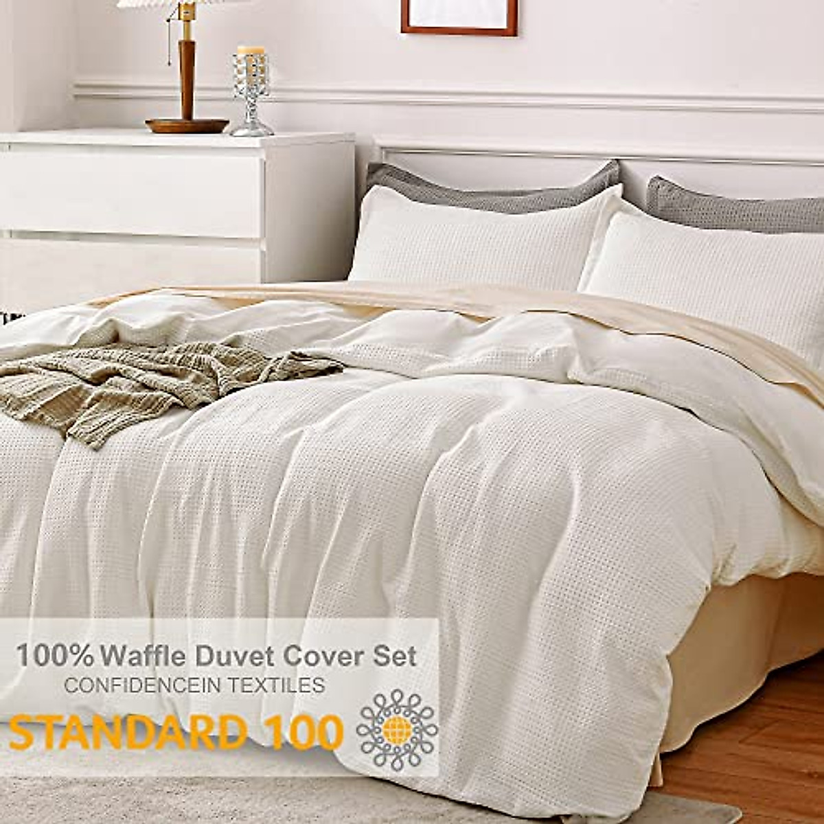MADELUO 100% Cotton Duvet Cover Queen, Waffle Weave White Duvet Cover Set, Soft Breathable Luxury Comforter Cover Bedding Set with 4 Corner Ties & Zipper Closure (White, Queen(90"x 90"))
