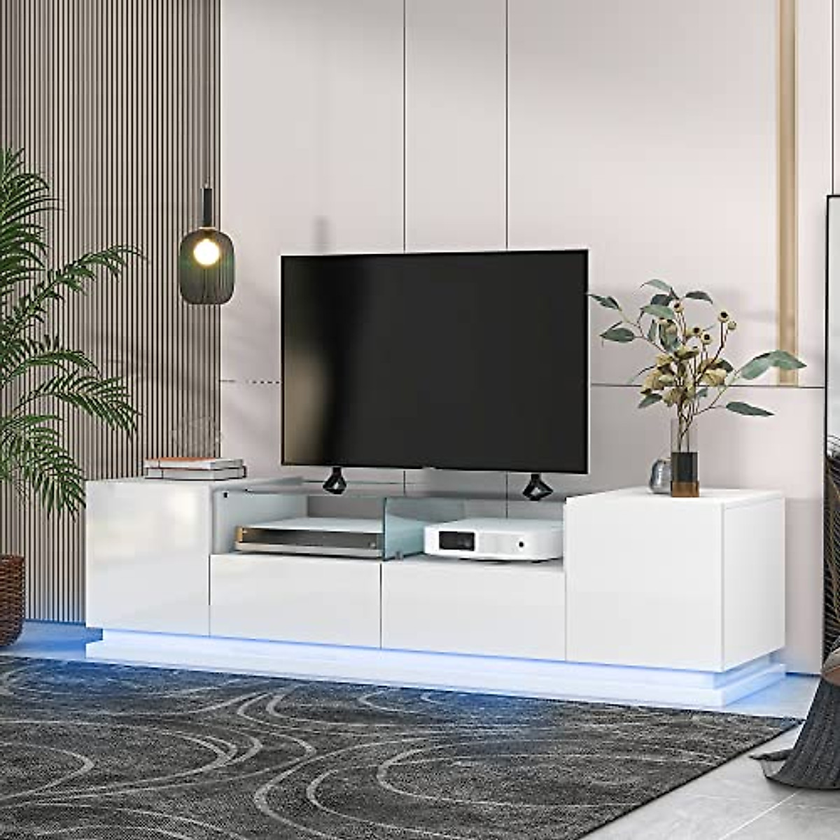 Harper & Bright Designs TV Stand with Tempered Glass, Modern High Gloss Entertainment Center for TVs Up to 70¡±, TV Cabinet with Storage and LED Color Changing Lights for Living Room, White