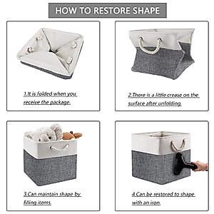Typutomi 4 Pack Cube Storage Bins, 11x11 Inch Fabric Storage Cubes Collapsible Sturdy Linen Storage Bins Cloth Organizer Baskets with Cotton Rope Handle for Home,Office,Nursery,Toys(Grey White)
