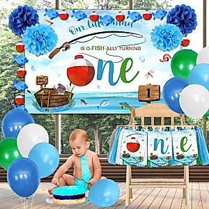 O Fishally One First Birthday Decorations,Gone Fishing Party Supplies Include Fish Bobber Banner,Our Little Man Is Ofishally Turning One Backdrop Balloons for Baby Boy 1st Birthday Supplies
