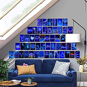 Blue Neon Wall Collage Kit Aesthetic Pictures, 50PCS Room Decor Indie Aesthetic for Teen Girls Boys Bedroom Wall Posters, Mysterious Photo Dorm Decorations, Blue Aesthetic Wall Images with 4x6''