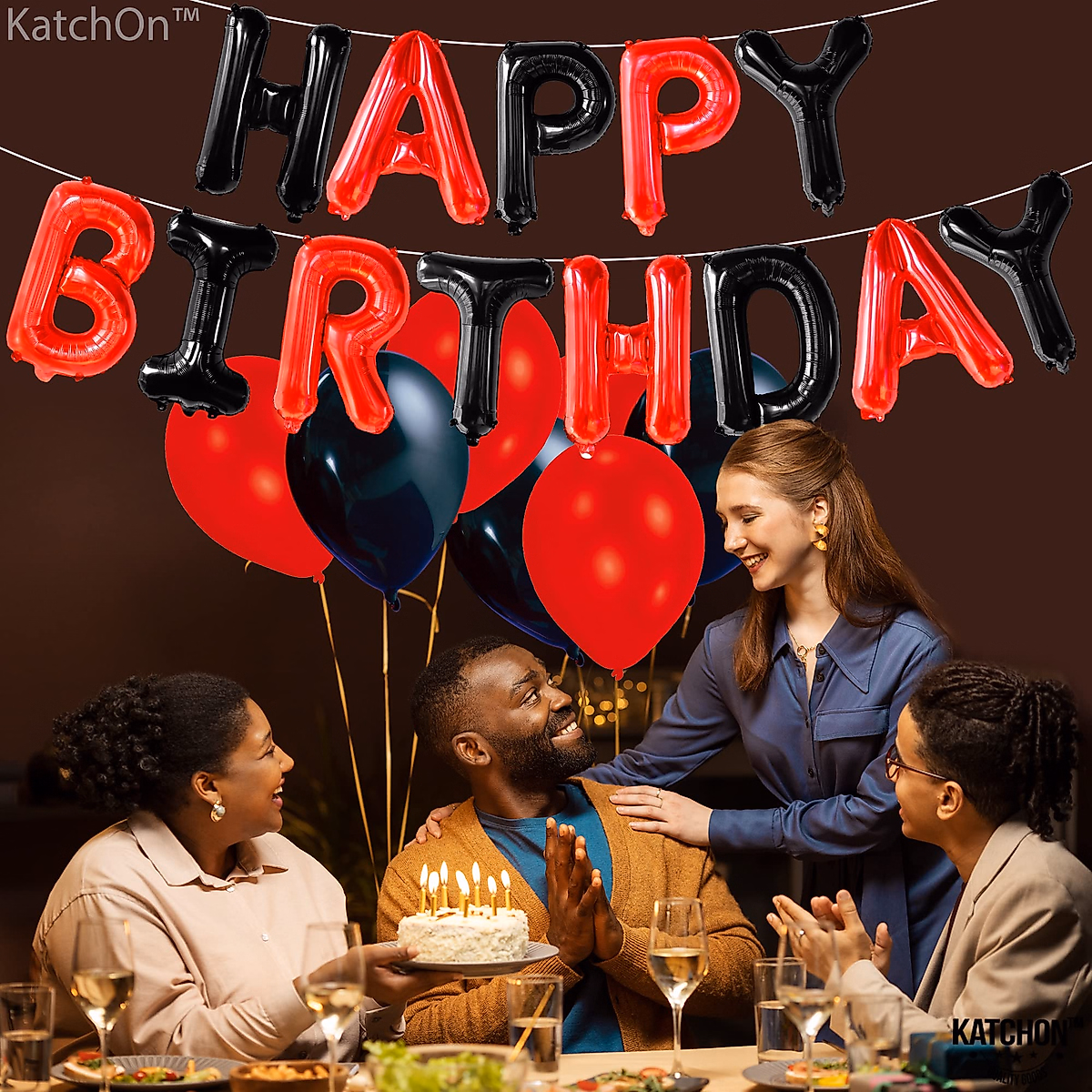 KatchOn, Red and Black Happy Birthday Banner - 16 Inch | Red and Black Birthday Decorations | Red and Black Happy Birthday Balloons Letters for Red And Black Party Decor | Happy Birthday Decorations