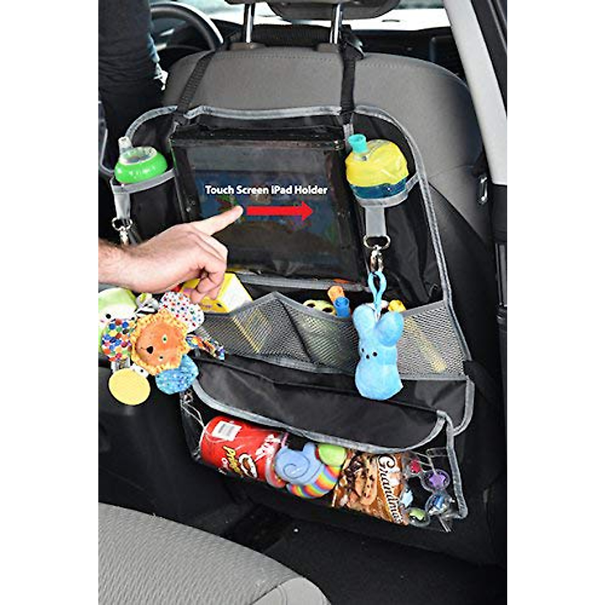 Jeep J is Deluxe Backseat Car Organizer, Kickmat Seat Protector, Universal Design with Pockets, Bottle Holder, Touch Screen Enabled Tablet Holder and Removable Travel Pouch, Snack, Toys, Gadget