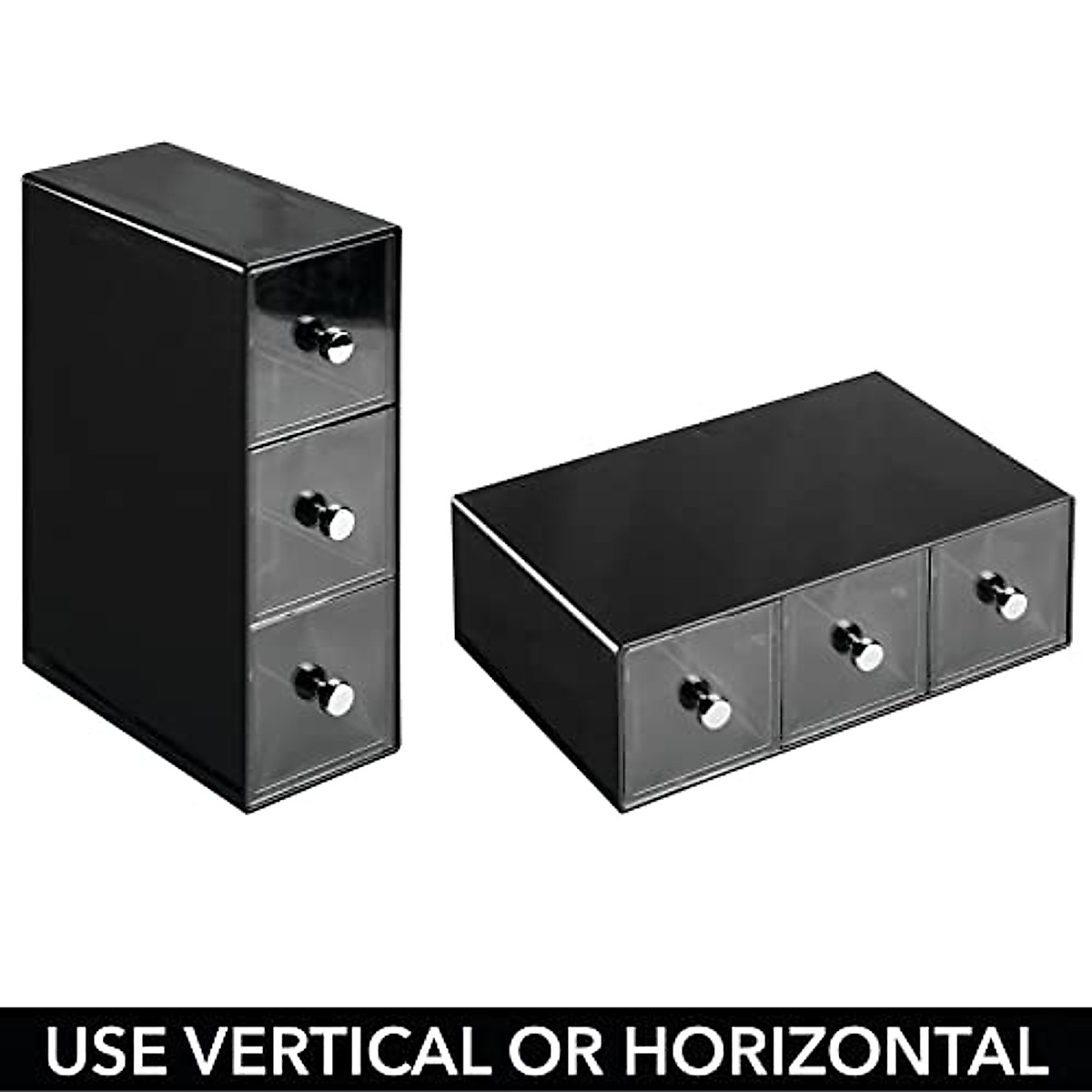 mDesign Plastic Kitchen Pantry Stackable Storage Organizer Container Station, 3 Drawers for Cabinet, Countertop, Holds Coffee, Tea, Sugar Packets, Creamers, Lumiere Collection, 2 Pack - Black/Clear