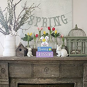 Easter Decorations for the Home, hogardeck Rustic Bunny Crossing Wood Sign 3-layer Wooden Egg Block Signs Table Centerpiece Farmhouse Easter Bunny Decor for Mantle Tabletop Tiered Tray Party