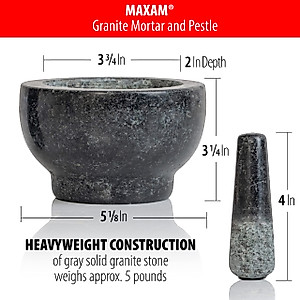 Maxam Mortar and Pestle Set - 5 Inch - Heavy Natural Granite Spice Grinder Bowl, Herb Crusher, Make Fresh Guacamole at Home