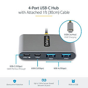 StarTech.com 4-Port USB-C Hub with 100W Power Delivery Pass-Through - 2X USB-A + 2X USB-C - 5Gbps - 1ft (30cm) Long Cable - Portable USB Type-C to USB-A/C Hub - USB-C Splitter (5G2A2CPDB-USB-C-HUB)