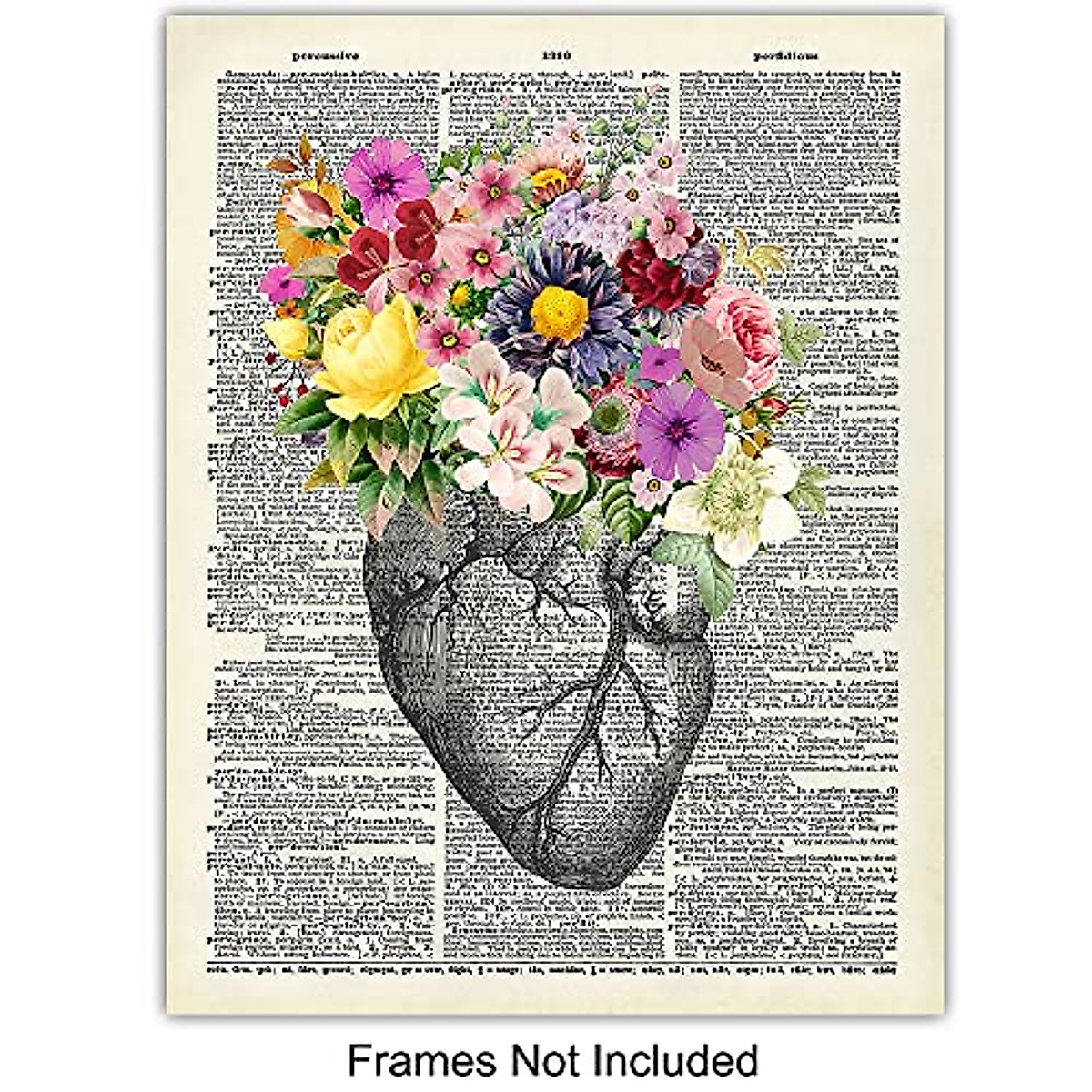 Heart Anatomy Wall Art Decor Set - Vintage Rustic Shabby Chic Floral Home Decorations for Cardiac, Coronary, Cardiology Patients, Medical Office - Gift for Doctor, Nurse Cardiologist - 8x10's UNFRAMED