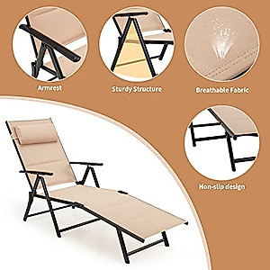 GYUTEI Outdoor Folding Lounge Chair 2 Sets Reclining Adjustable Lightweight Chaise Lounge Chair with 7 Position Adjustable Backrest for Beach,Swimming Poolside,Patio(Khaki)