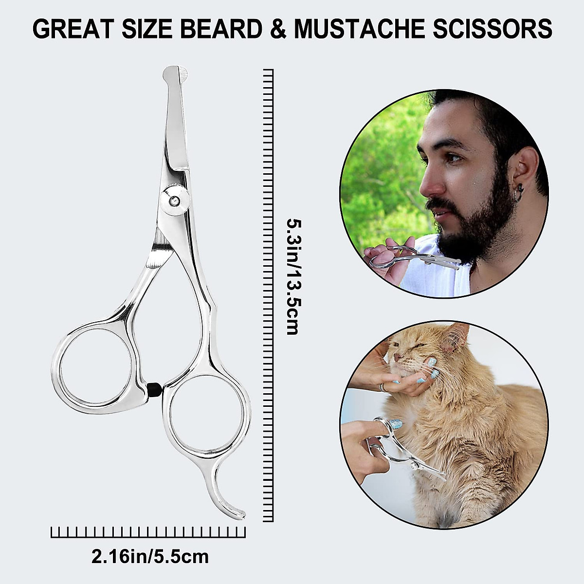 Avenoir Facial Hair Scissors for Men, Professional Mustache & Beard Scissors, Nose Ear Eyebrow Pet Trimming Stainless Steel Scissors(Safety Round Tip Design), Silver, 5.3inx2.16inx0.7in