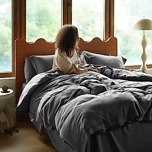 Double Stitch Linen Duvet Cover Set - Soft European Linen Blend Duvet Cover King, Sustainable Moisture-Wicking Cooling Duvet Cover Set, Luxury Bedding Set, 1 Duvet Cover, 2 Shams, Charcoal Grey