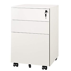 DEVAISE Locking File Cabinet, 3 Drawer Rolling Pedestal Under Desk Office, Fully Assembled Except Casters, White