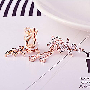 Clip on Earrings non Pierced Fringe Dangle Tassel Drop Cubic Zirconia Flower Women Rose Gold