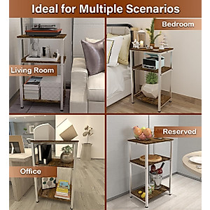 Tigerden 3 Tier Side Table, Heavy Duty End Table with Shelves, Narrow nightstand Table for Small Spaces, Record Player Table for Bedroom, Living Room, Sofa Couch - Rustic Brown & White