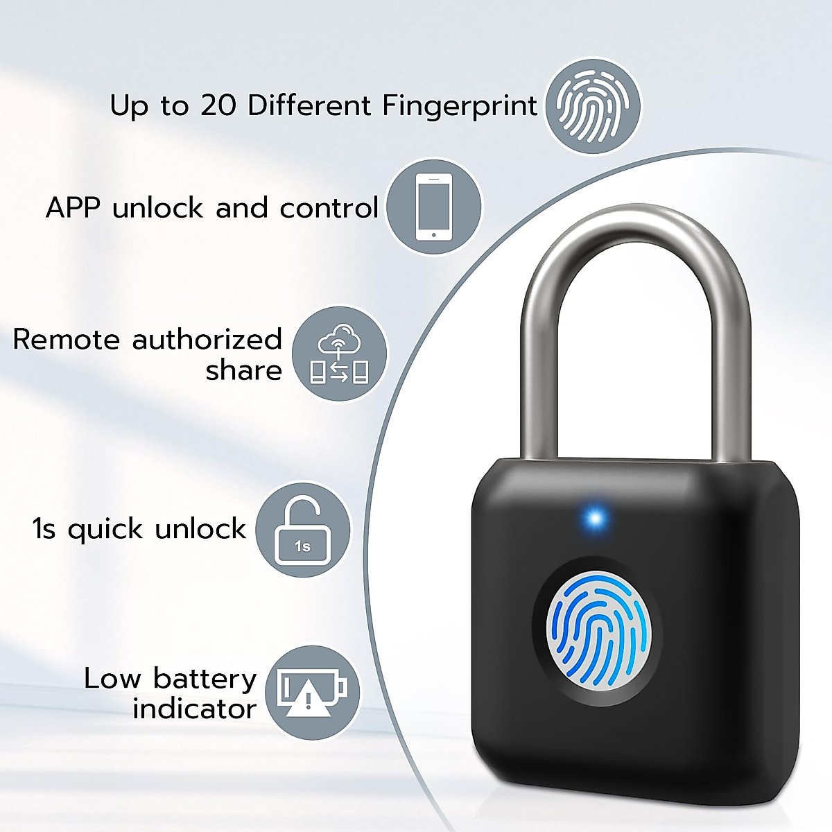 Fingerprint Padlock, Pothunder Padlock, Locker Lock, Combination Lock, Fingerprint Lock with APP Unlock, USB Rechargeable, Suitable for Gym Locker, Door, Locker(Black)