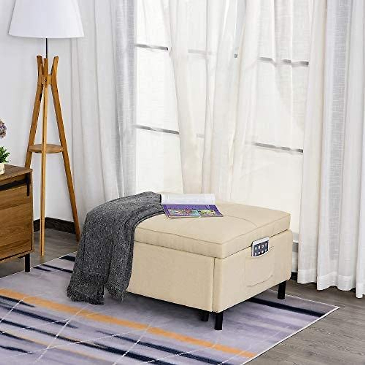 HOMCOM 2-in-1 Design Convertible Single Sofa Bed with Side Pocket and Metal Frame Couch for Living Room, Beige