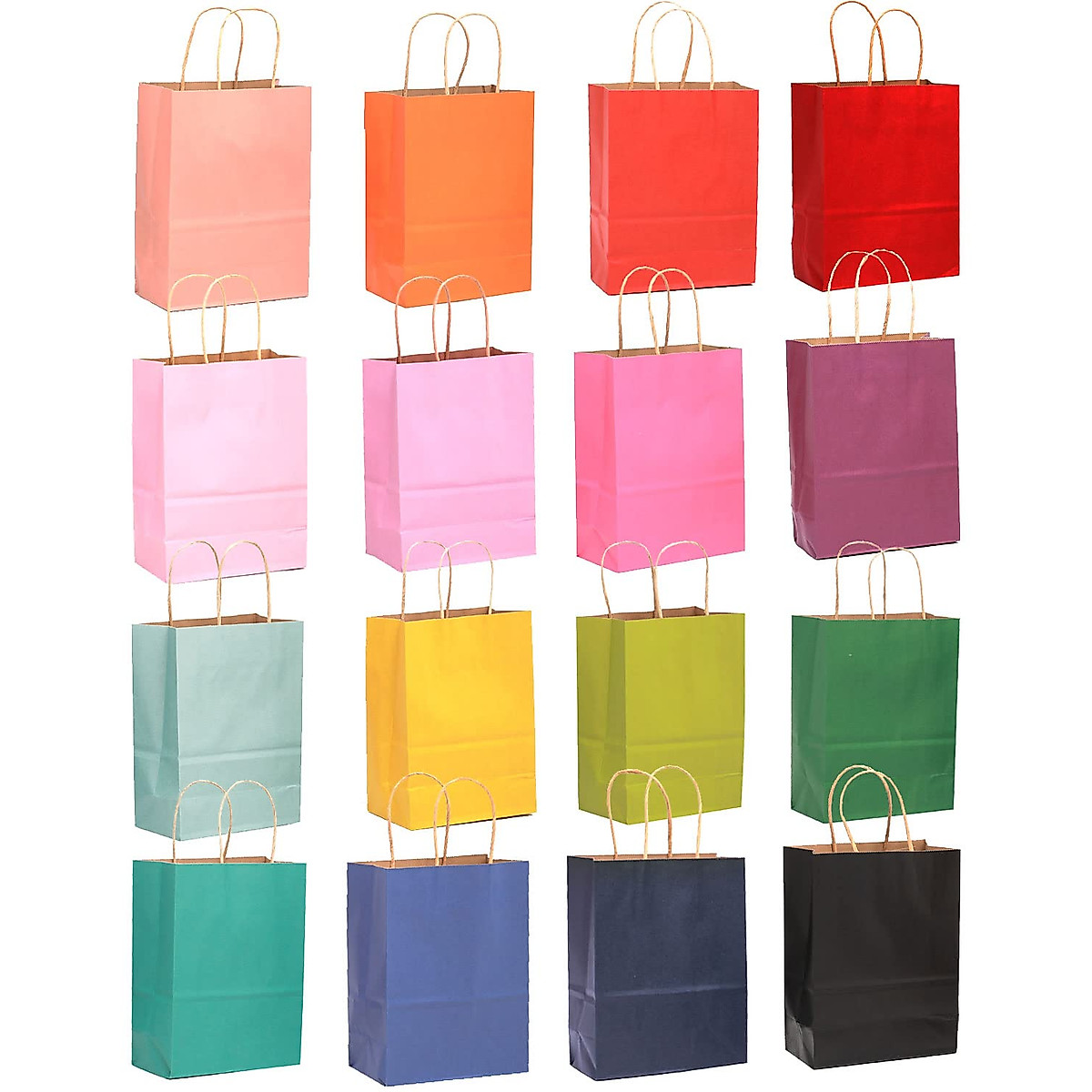 qiqee 32-Packs Paper Bags with Handles Bulk 7.6"x4.75"x10.5" Medium Gift Bags 16 Different Senior Color Bags Multiple Uses（Medium Size）