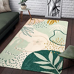 Lahome Green Washable Area Rug - 3x5 Botanical Print Small Rug Modern Abstract Non-Slip Minimalist Art Area Rug Accent Distressed Throw Rugs Floor Carpet for Living Room Bedroom Entryway Rug